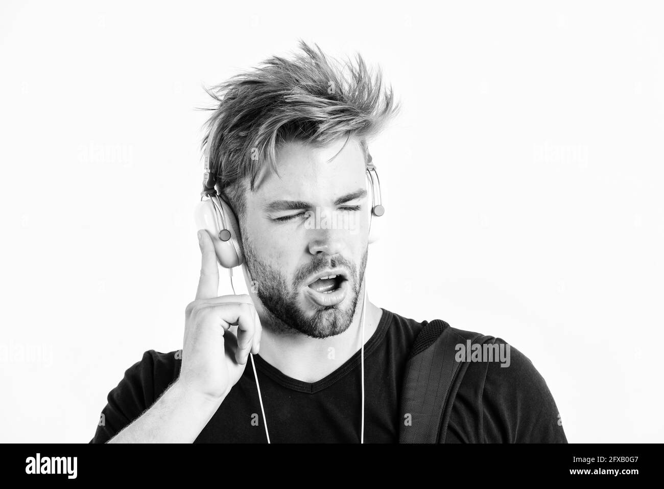 Student handsome guy listening music. Rhythmic melody concept. Download ...