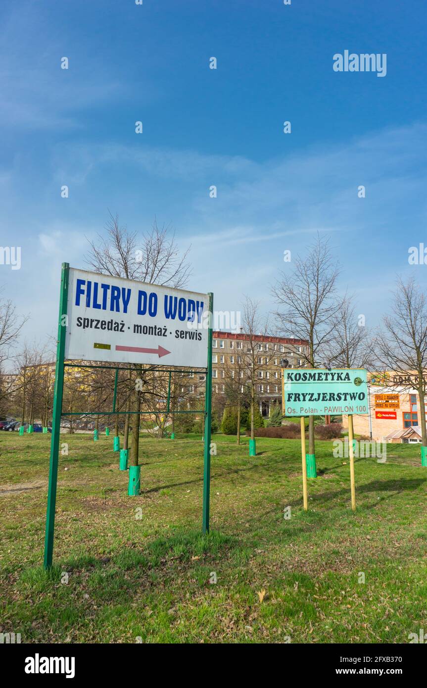 POZNAN, POLAND - Apr 04, 2016: Sign showing the way to a water filter ...