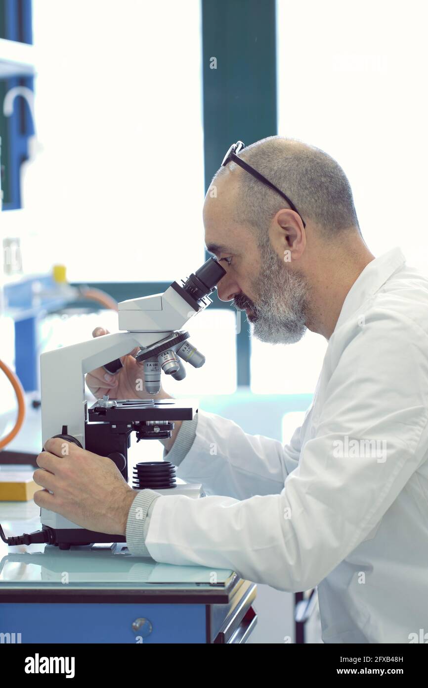 Mature scientist male in his 50s wearing a lab coat looking through a ...