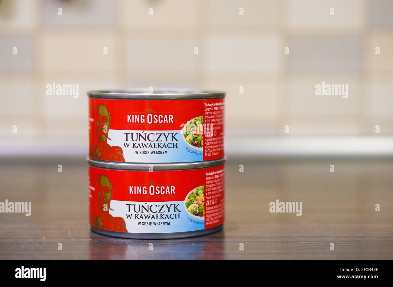 POZNAN, POLAND - May 26, 2016: King Oscar conserved tuna fish pieces in ...