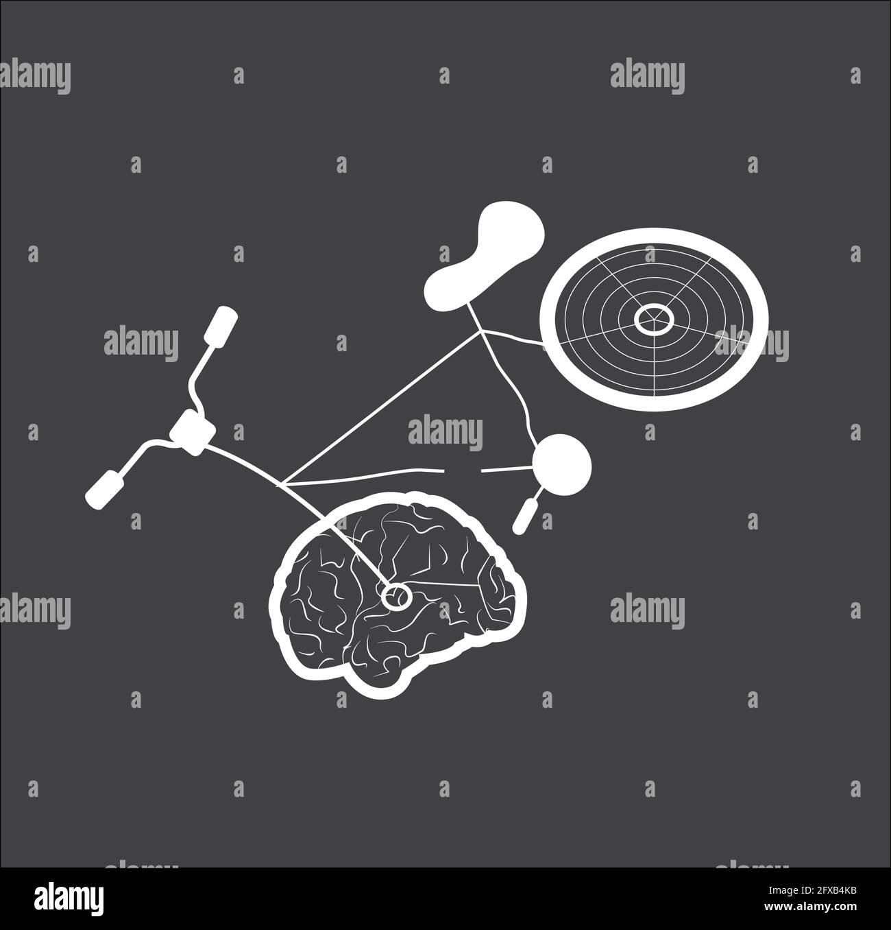 illustration of a bicycle with one wheel in the shape of a brain, being ...