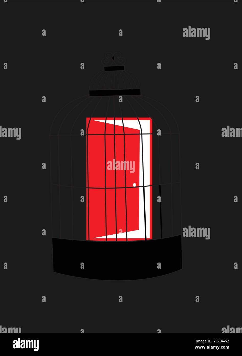 illustration of a red door being captive in a bird cage, isolated on a ...