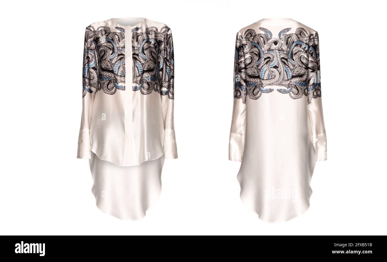 silk white tunic with a pattern on a white background Stock Photo - Alamy