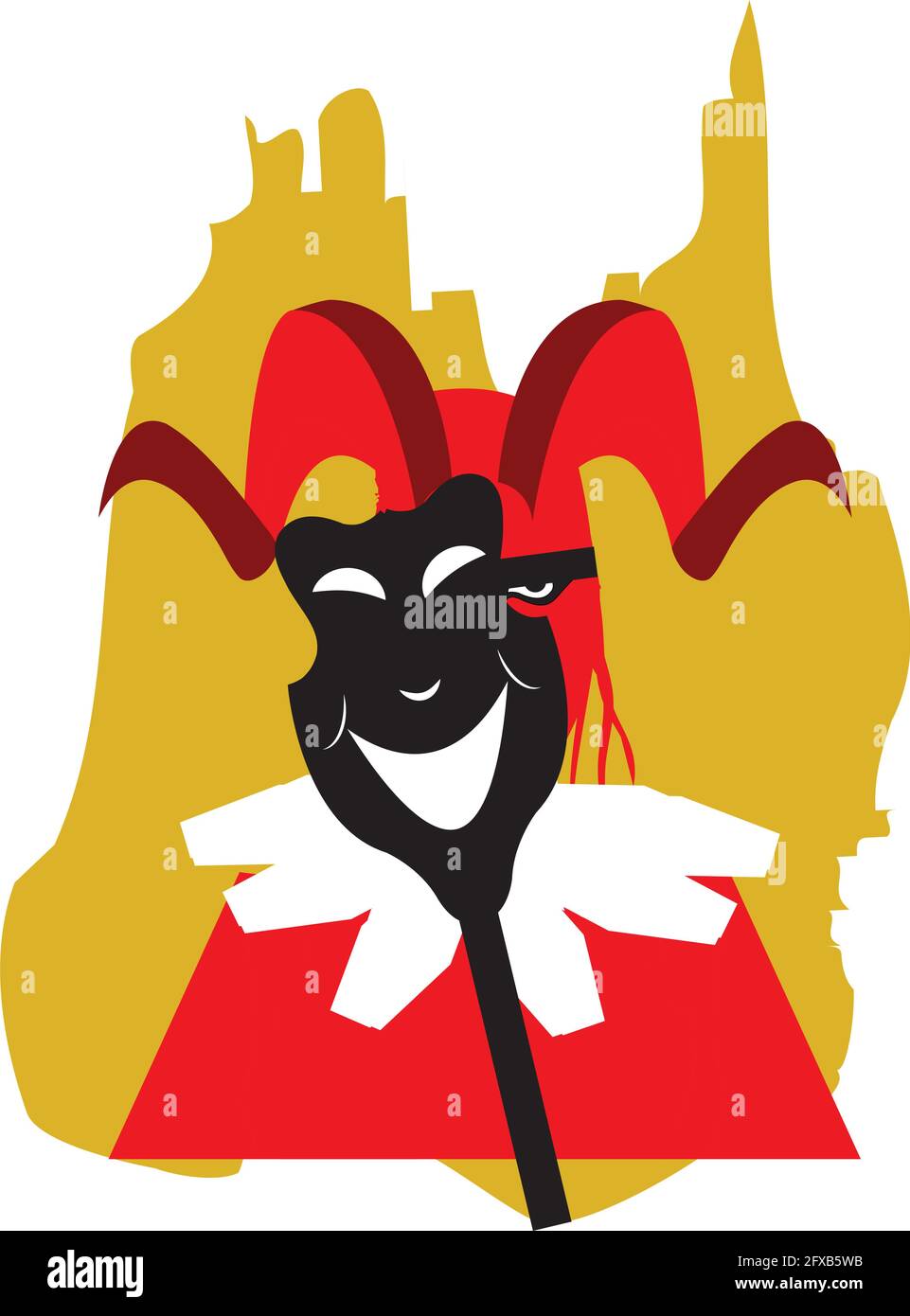 illustration of the devil wearing a smiling mask and yellow flames ...