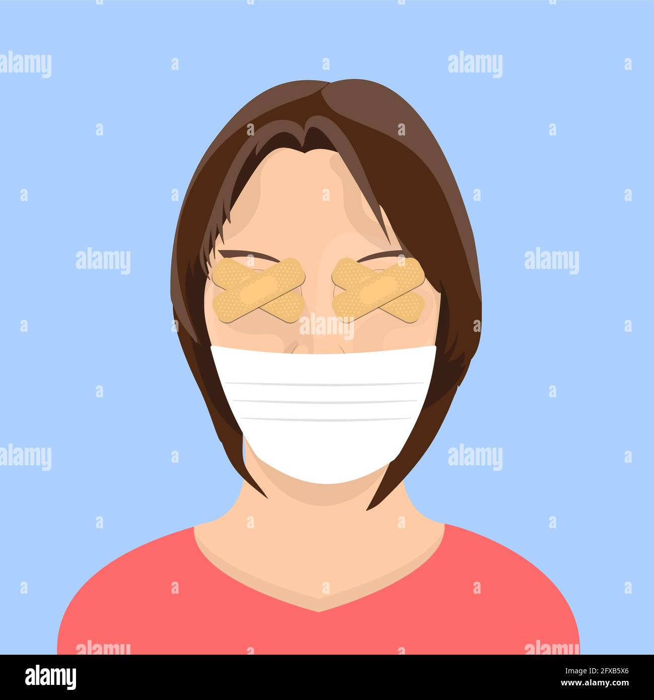 Sticking plaster covering woman eyes and face mask seals her mouth ...