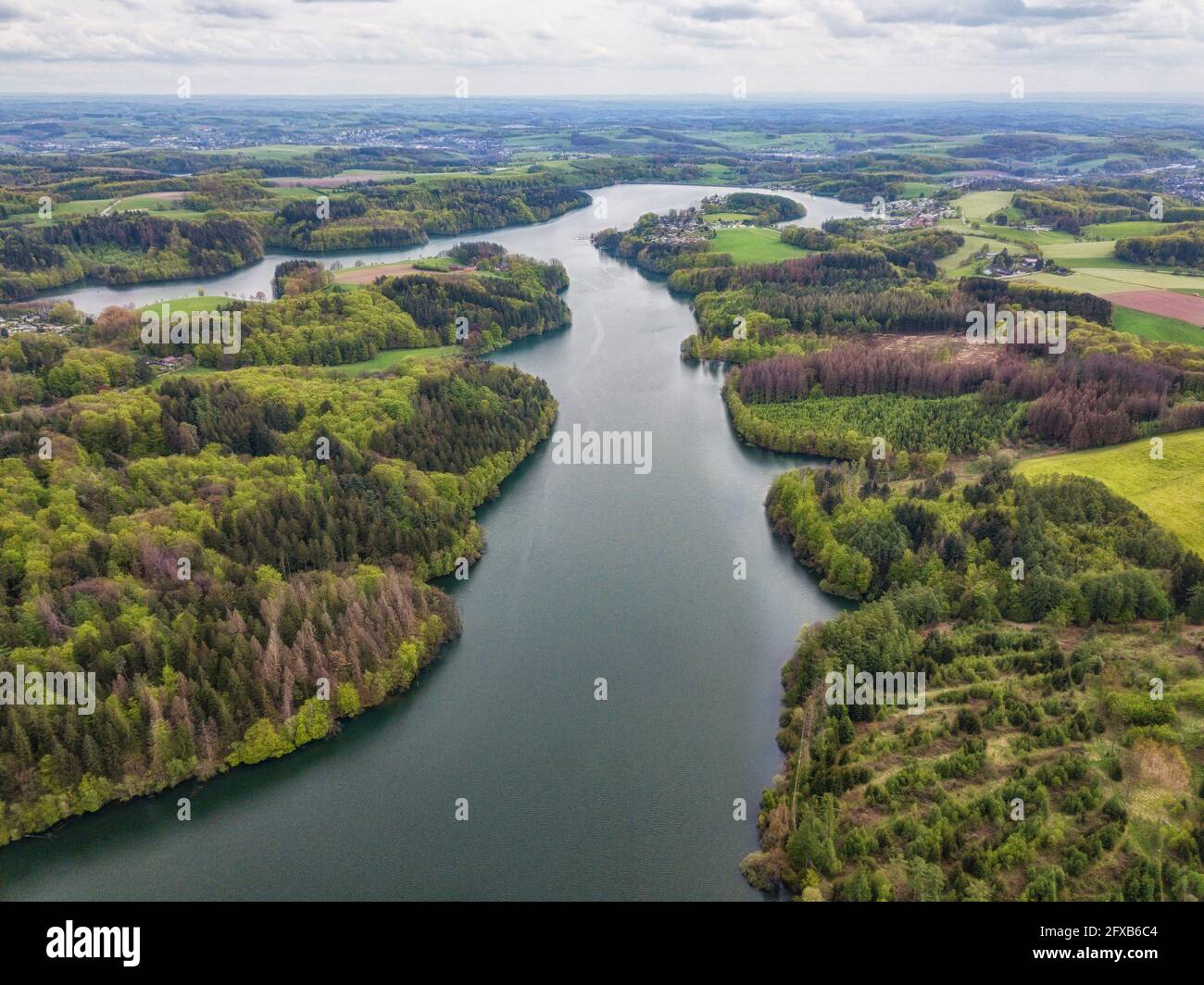 Aerial view of the Bevertalsperre (Bever-Dam) in the Bergisches Land ...