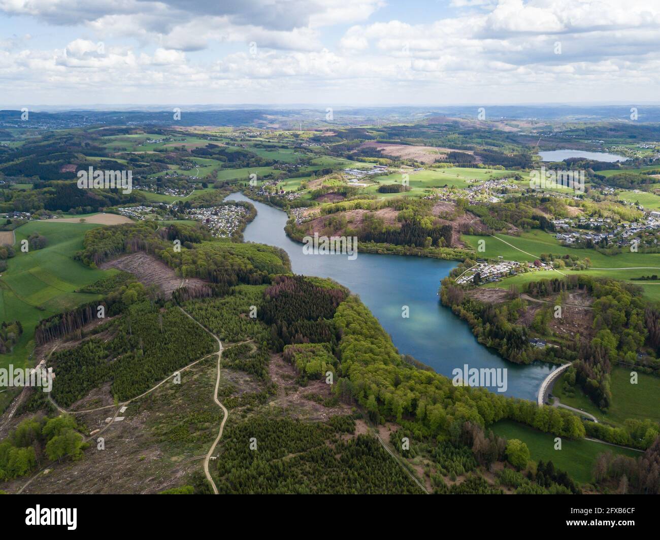 Aerial view of the Lingesetalsperre (Lingese dam) in Marienheide in ...