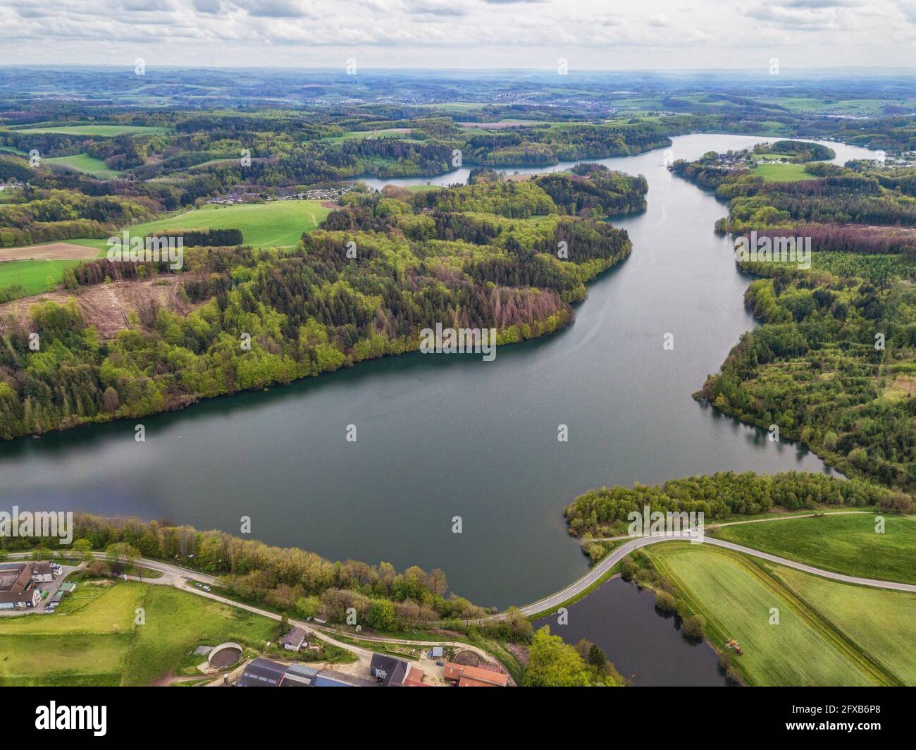 Aerial view of the Bevertalsperre (Bever-Dam) in the Bergisches Land ...