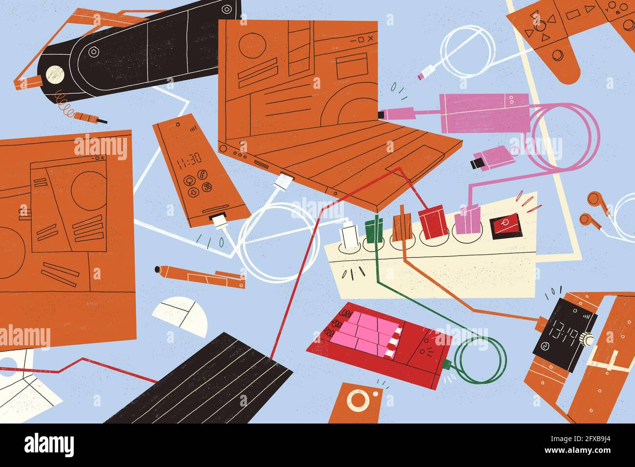 Bunch of digital and tech devices full of cables connected to a ...
