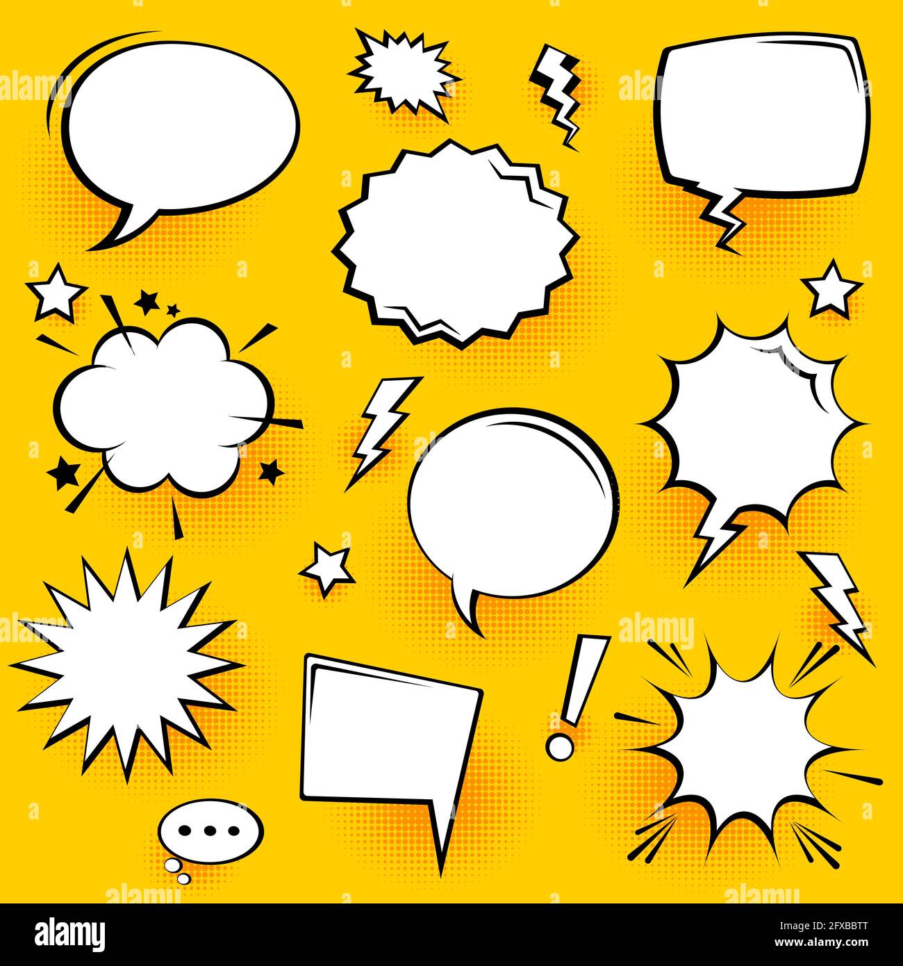 Blank comic speech bubbles with halftone shadows on yellow background ...