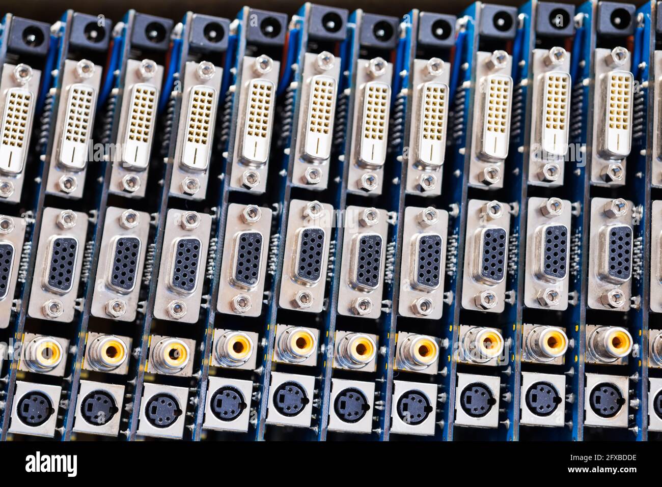 Close-up blurry metal sockets on a computer video board. Concept for ...