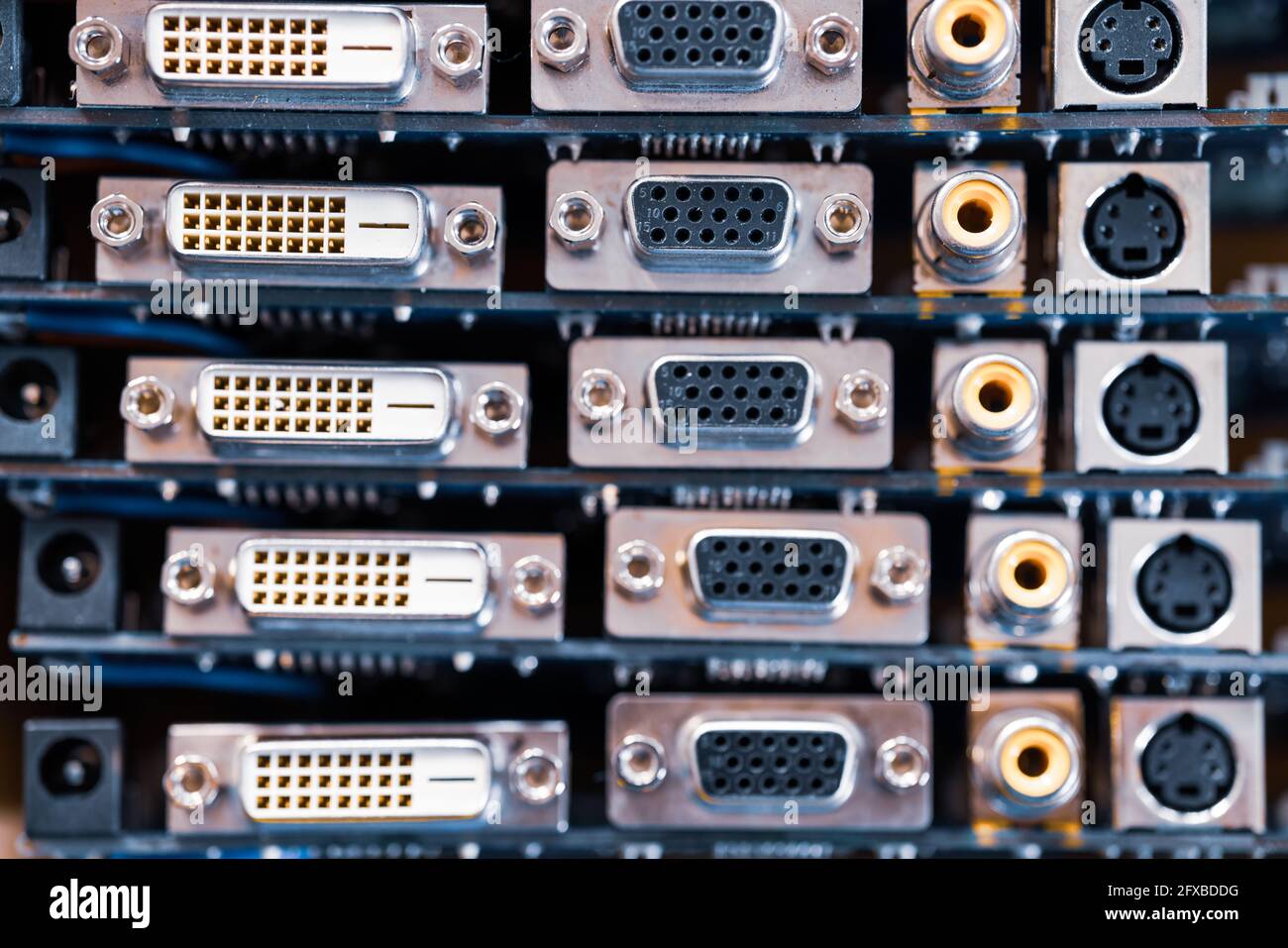 Close-up blurry metal sockets on a computer video board. Concept for ...