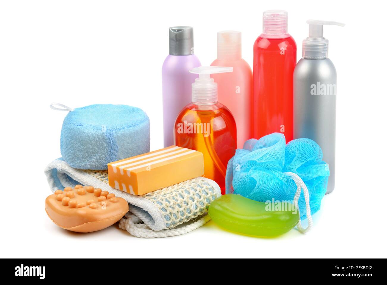 Shampoo, soap and bath sponge isolated on white background. Assortment ...