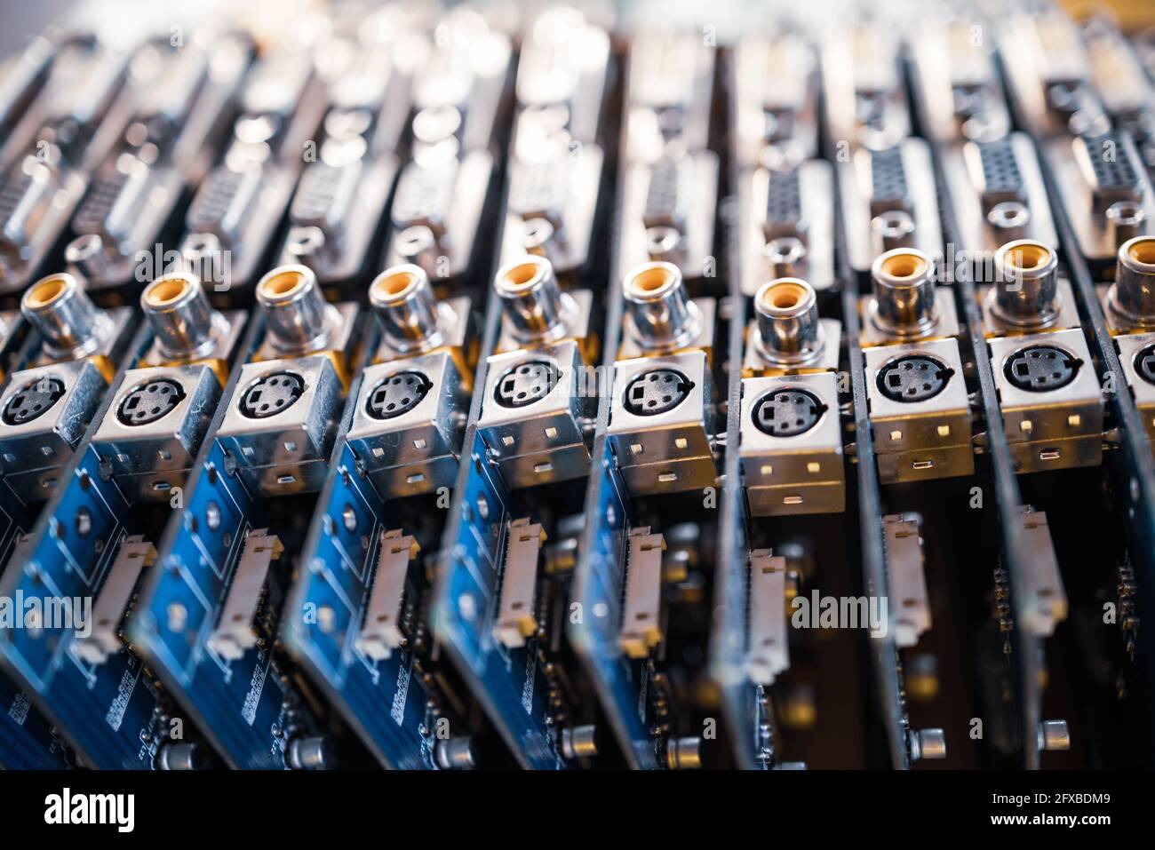 Close-up blurry metal sockets on a computer video board. Concept for ...