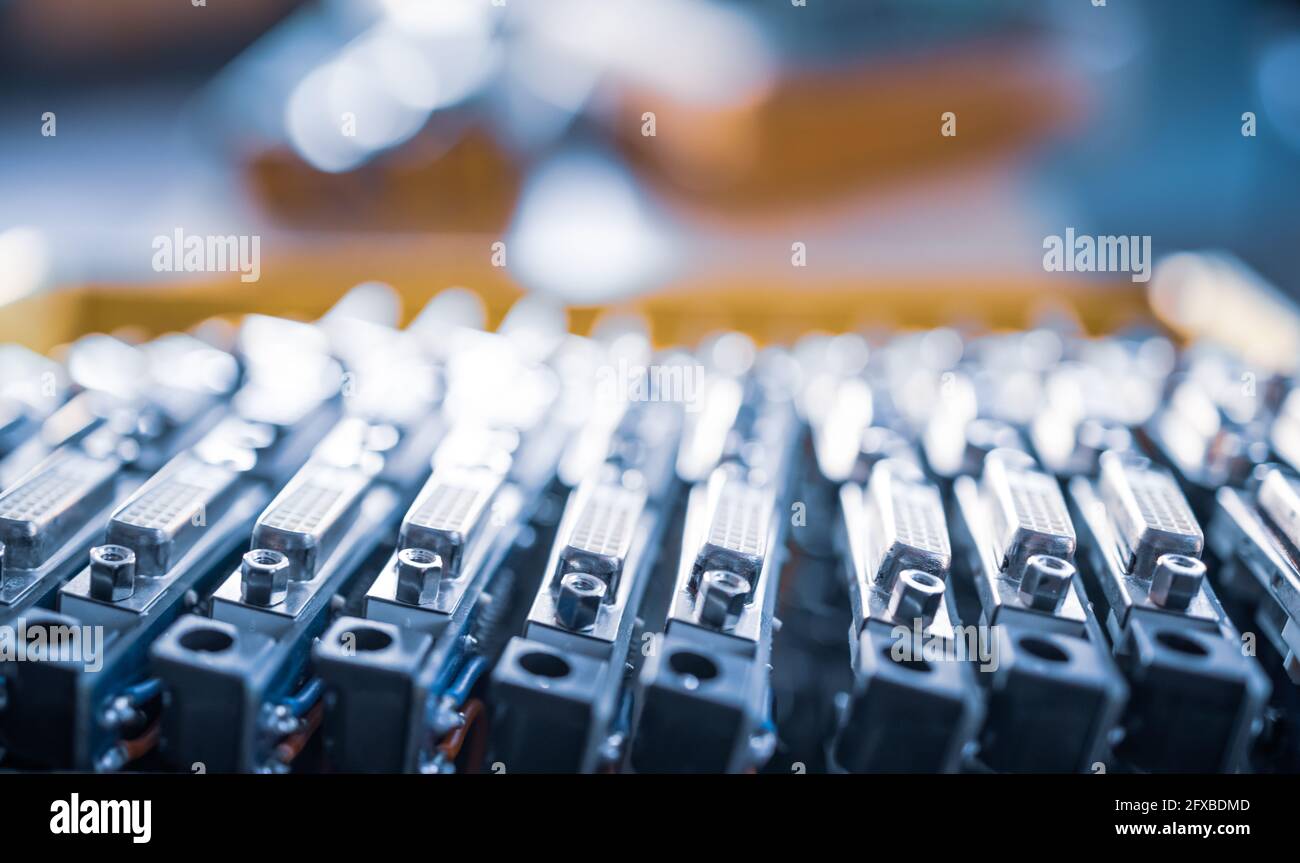 Close-up blurry metal sockets on a computer video board. Concept for ...