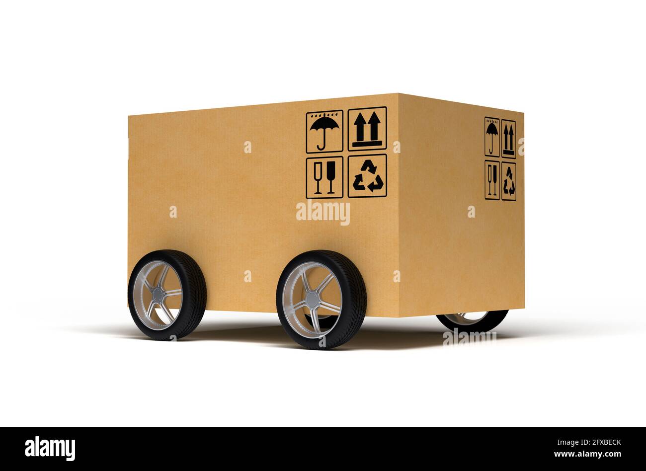 Cardboard box on wheels isolated on white background. 3D rendering ...