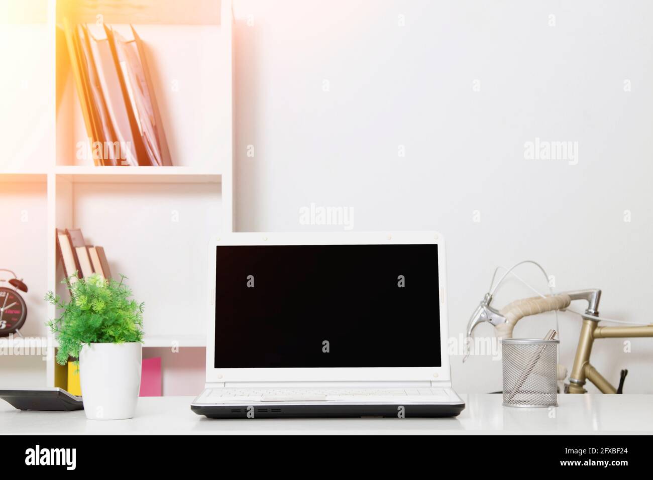 table desk with the screen of the computer laptop, workspace Stock ...
