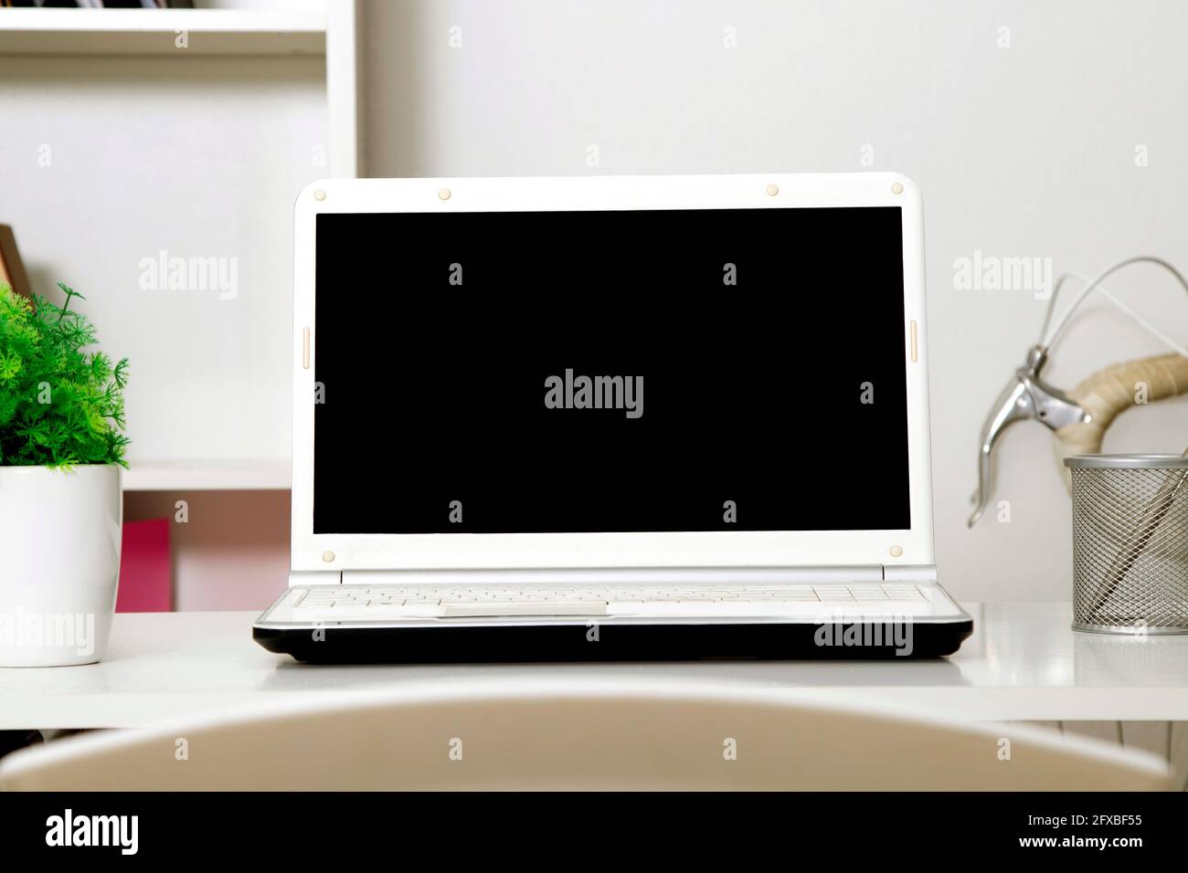 table desk with the screen of the computer laptop, workspace Stock ...