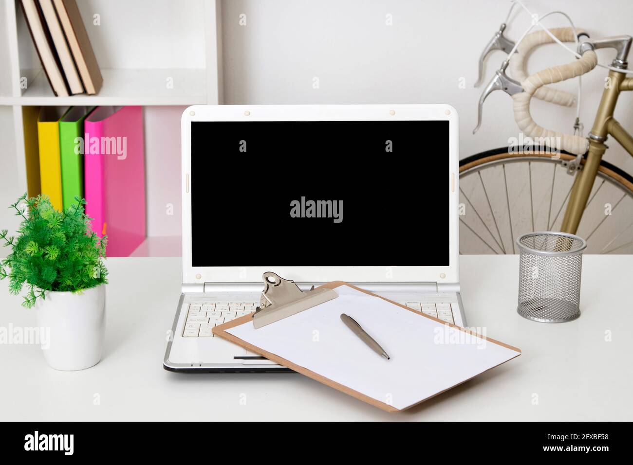 table desk with the screen of the computer laptop, workspace Stock ...