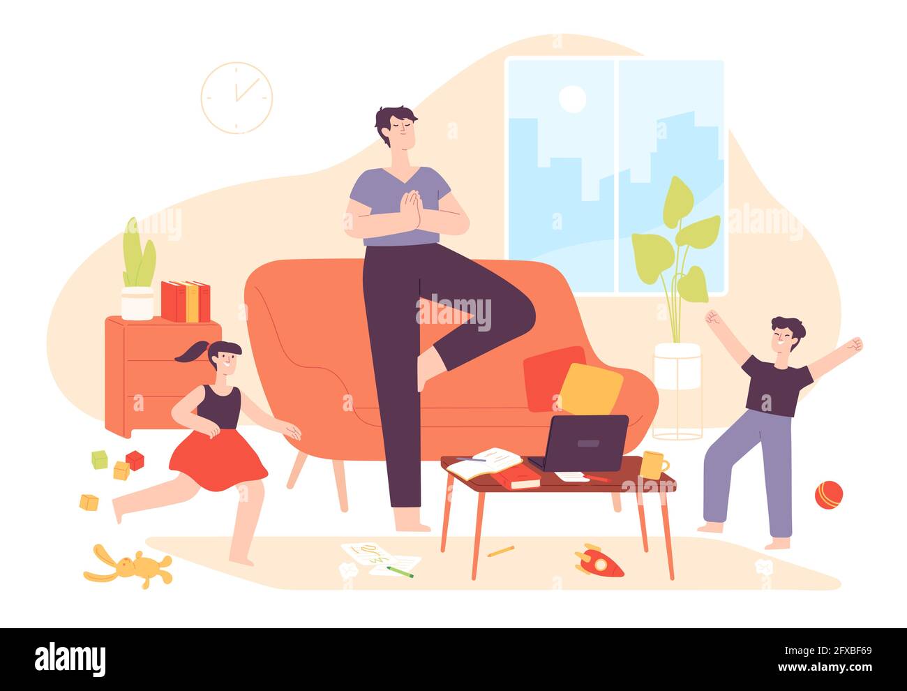 Calm father. Dad meditate in relax yoga pose and naughty kids in messy ...