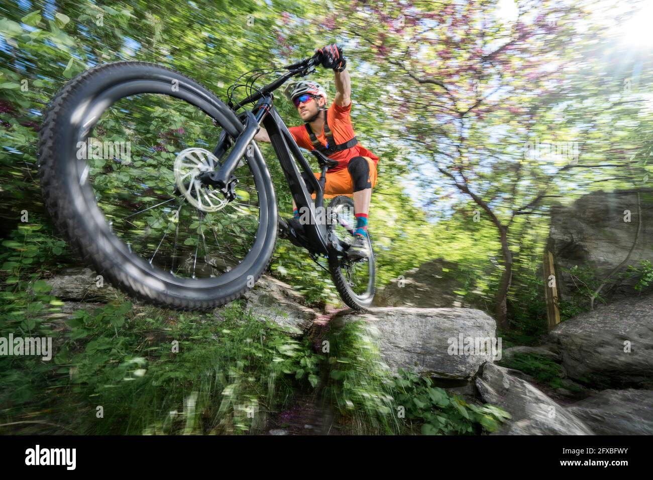 Male athlete riding bike on rock in forest Stock Photo - Alamy