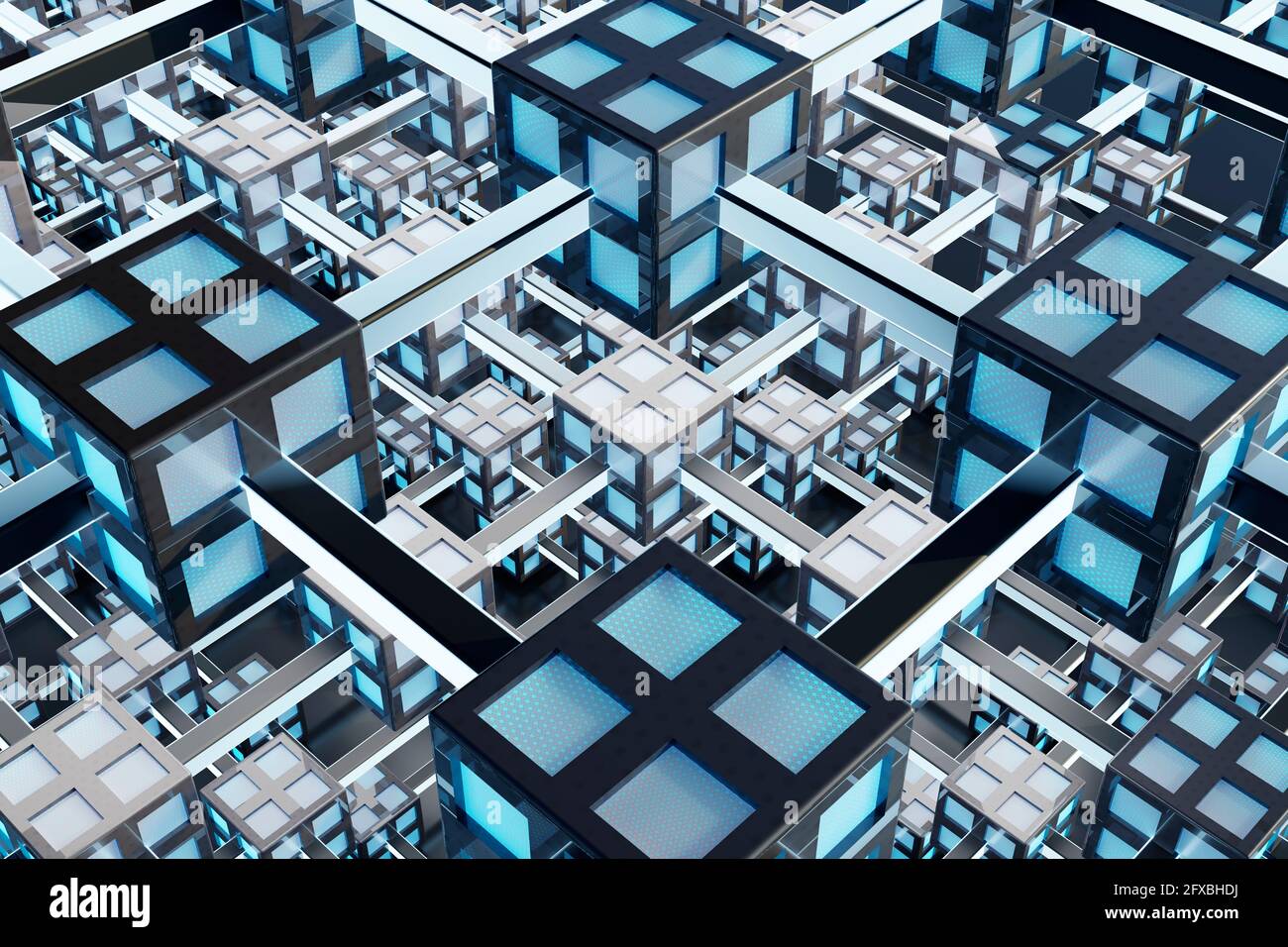 Three Dimensional Render Of Blue Interconnected Cubes Creating Mapped