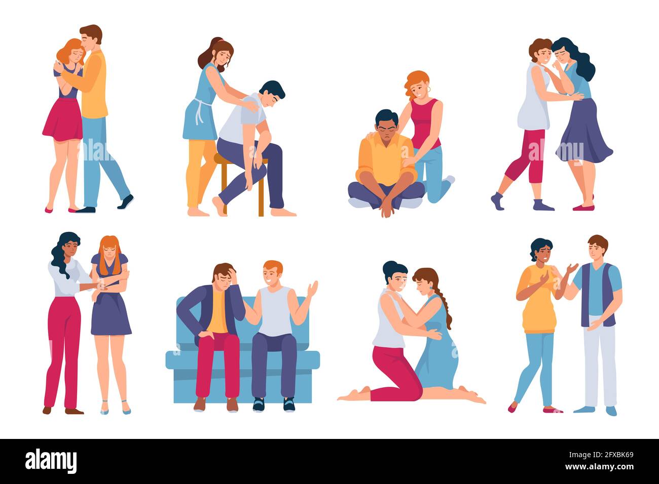 Friends comforting. Mental support for stressed, sad and depressed people. Family hug, care and ...