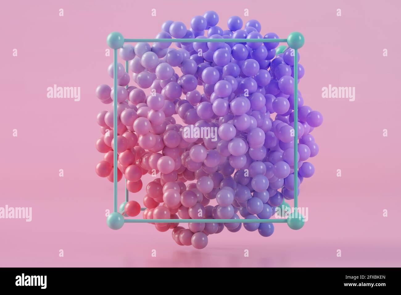 Three dimensional render of purple spheres floating inside cubic frame ...
