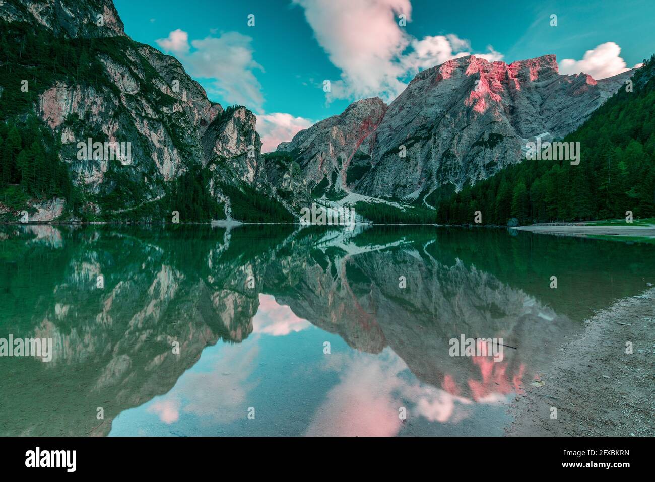 Mountain lake in the Dolomites in Italy. Lake Prags Stock Photo - Alamy