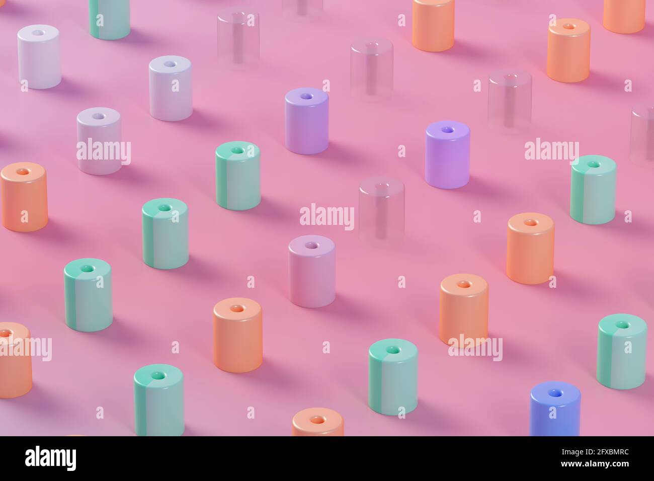Three dimensional pattern of pastel colored cylinders standing against ...