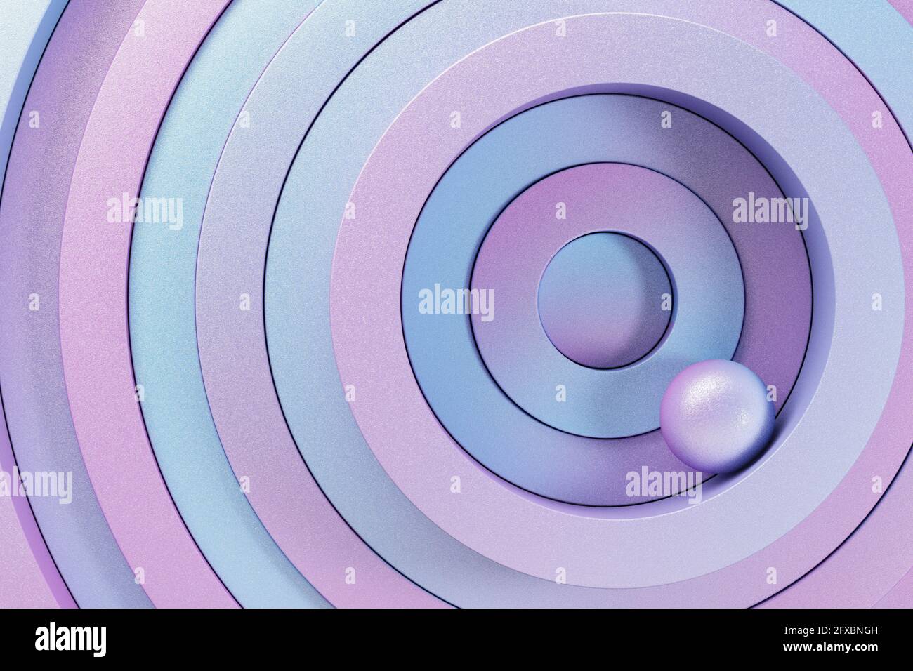 Three dimensional render of small sphere balancing on blue and purple ...