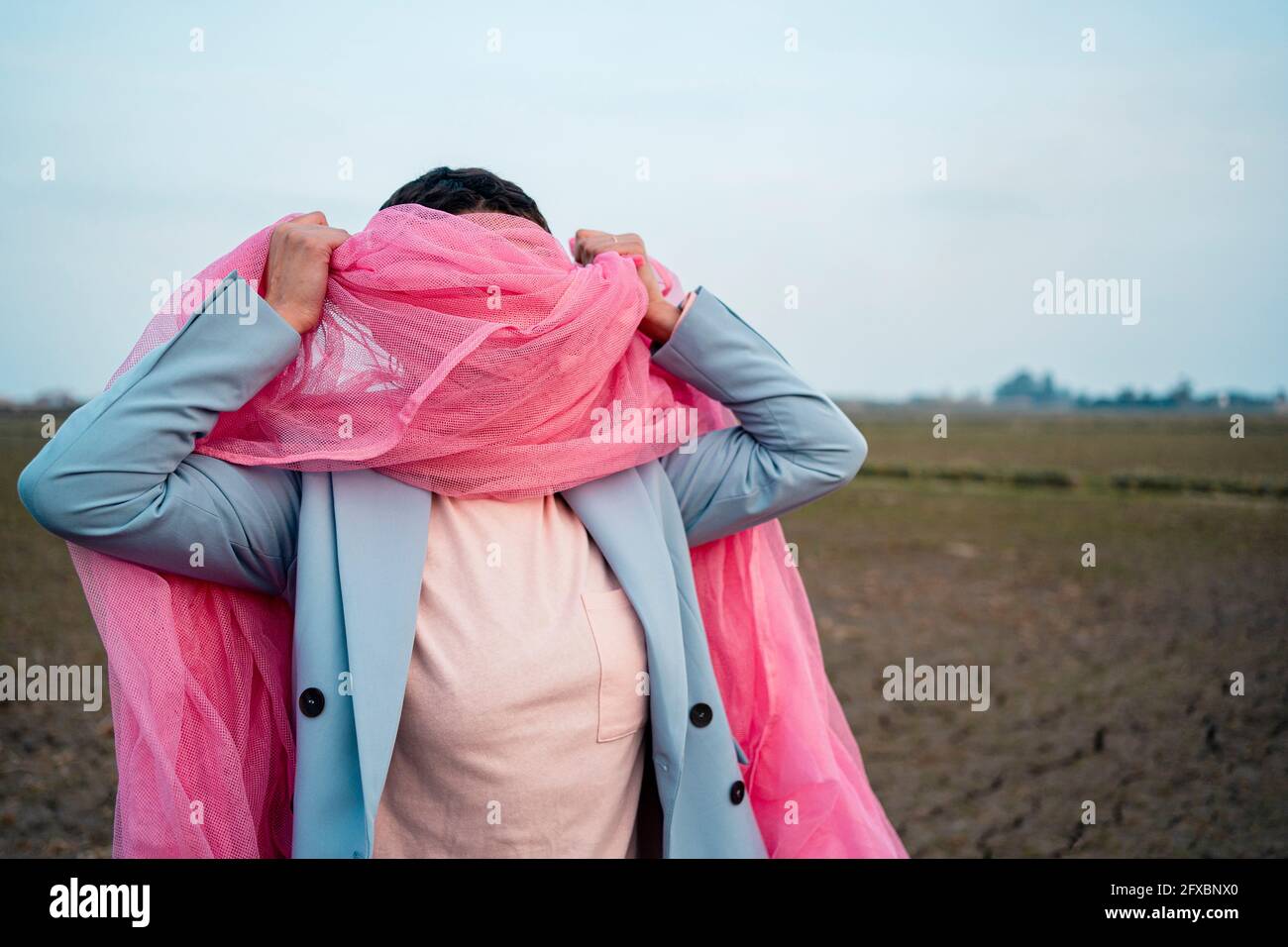 Young woman covering face with pink tulle net in front of sky Stock ...