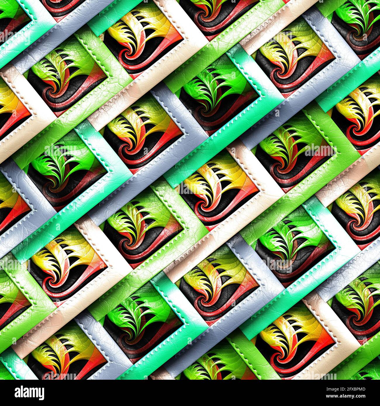 3D render of colorful plastic stamp fractal tile embossed on leather ...