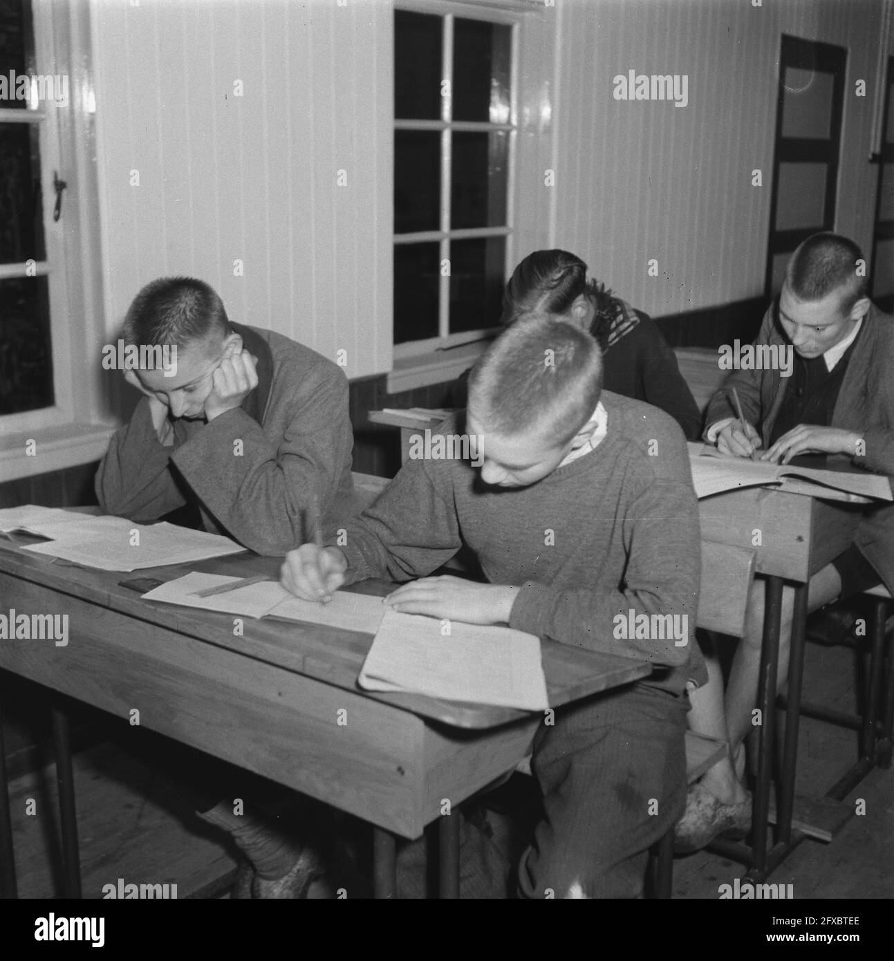 Boys in school desks, October 1945, education, second world war, The ...