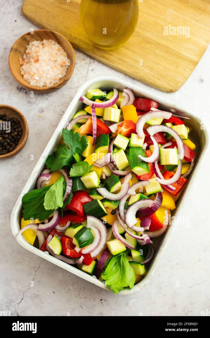 Pan with raw vegetable mix ready to cook Stock Photo - Alamy