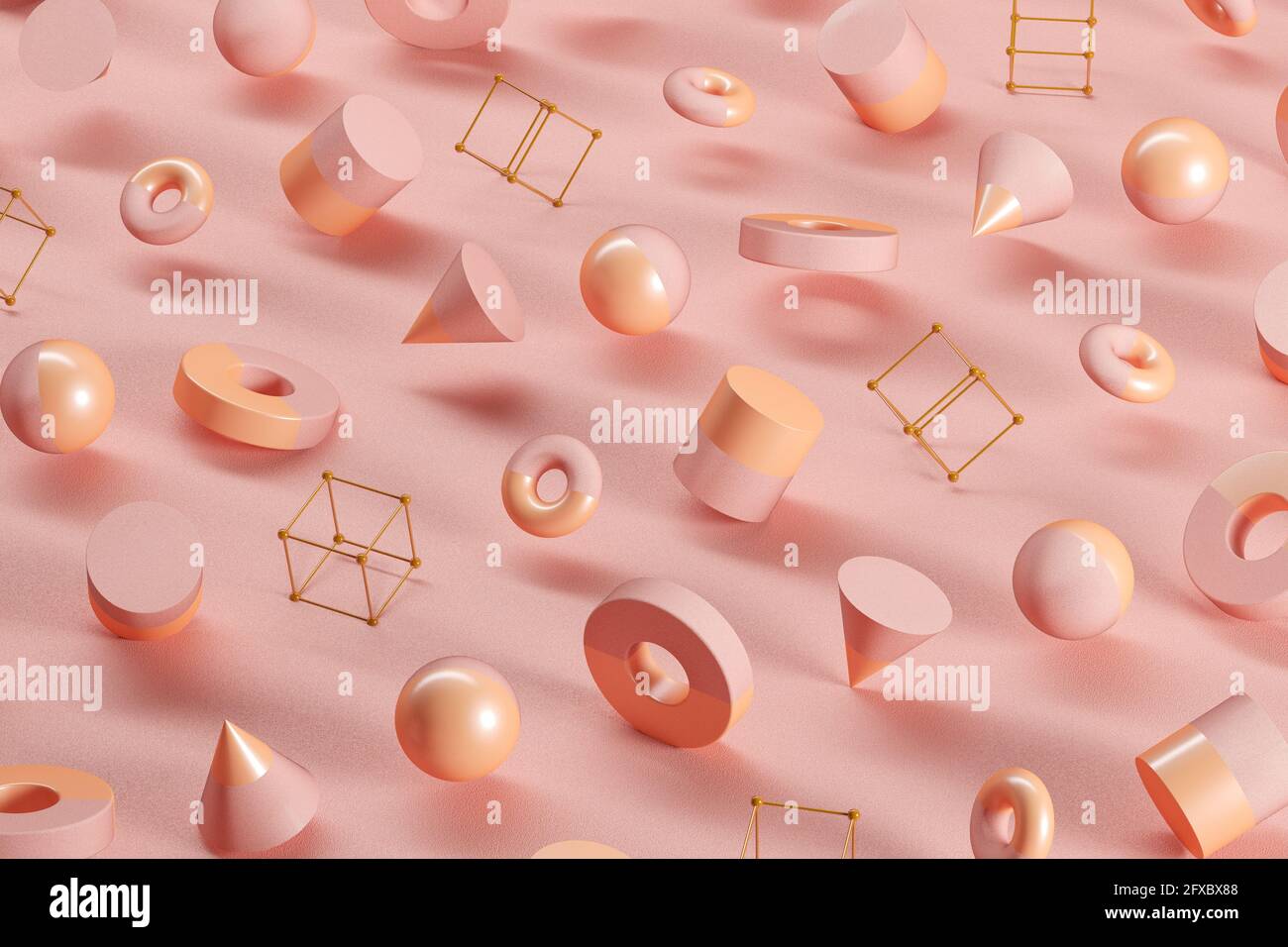 Three dimensional pattern of spheres, cones, rings, cubes and cylinders ...