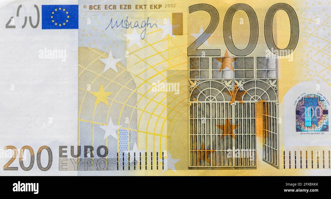 Front part of 200 euro banknote close-up with small details. European ...