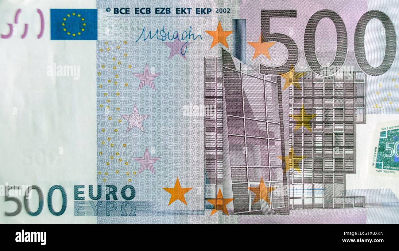 Front part of 500 euro banknote close-up with small details. European ...