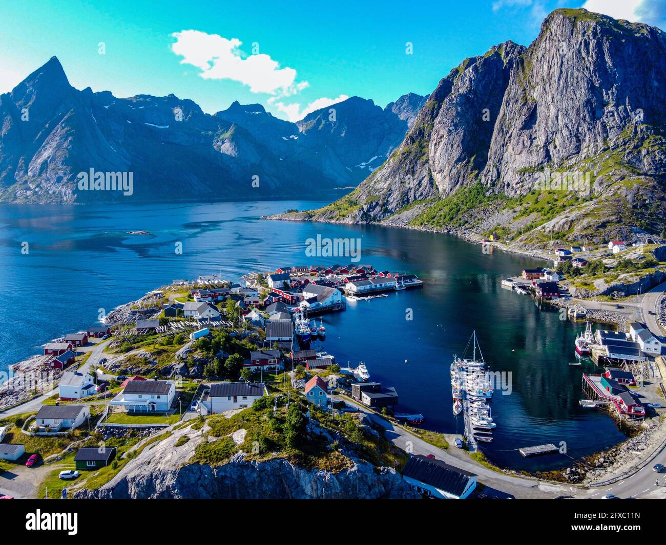 Norway, Nordland, Reine, Aerial view of fishing village on Moskenesoya ...
