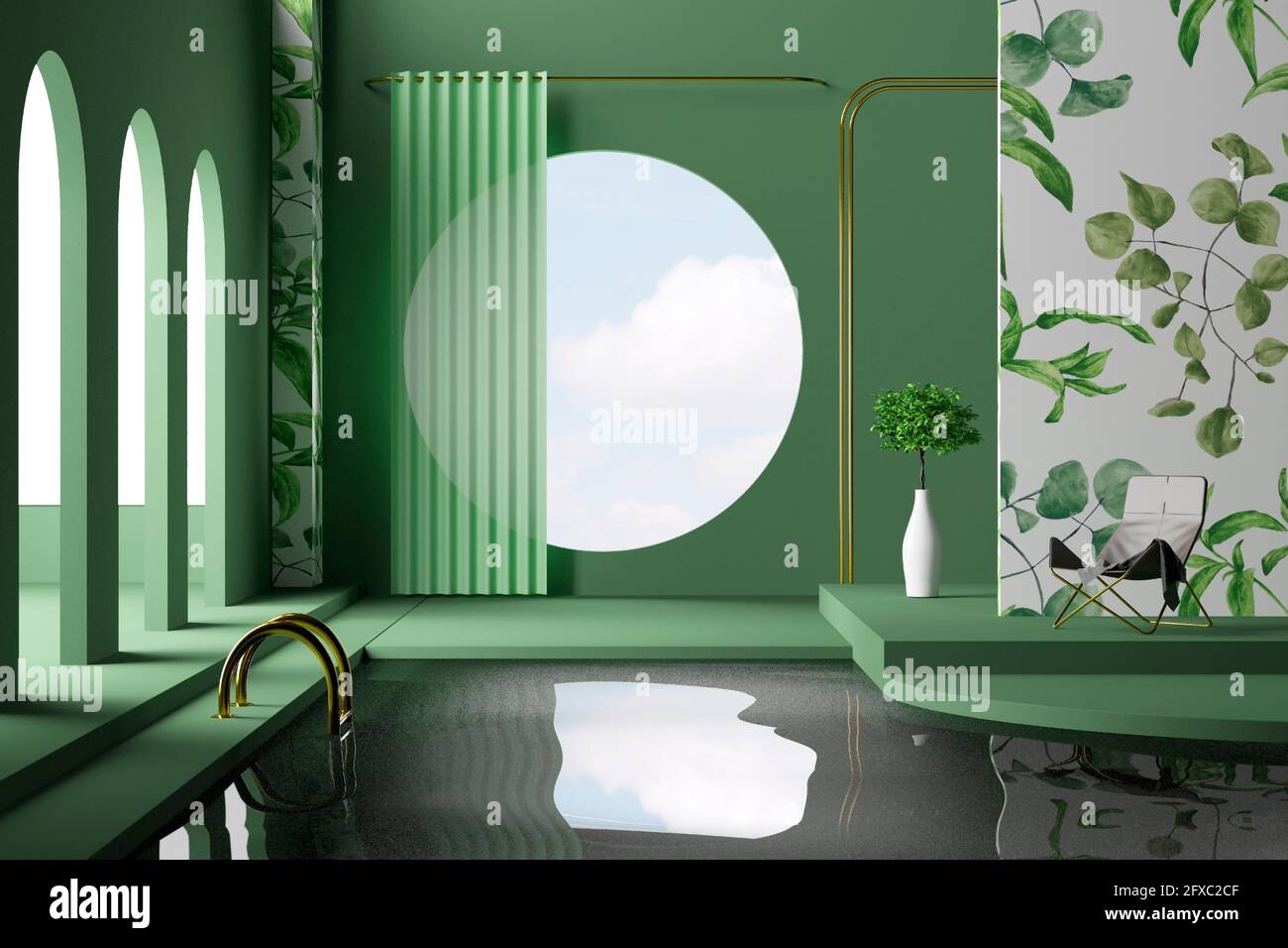 Three dimensional render of home swimming pool with circular window on ...