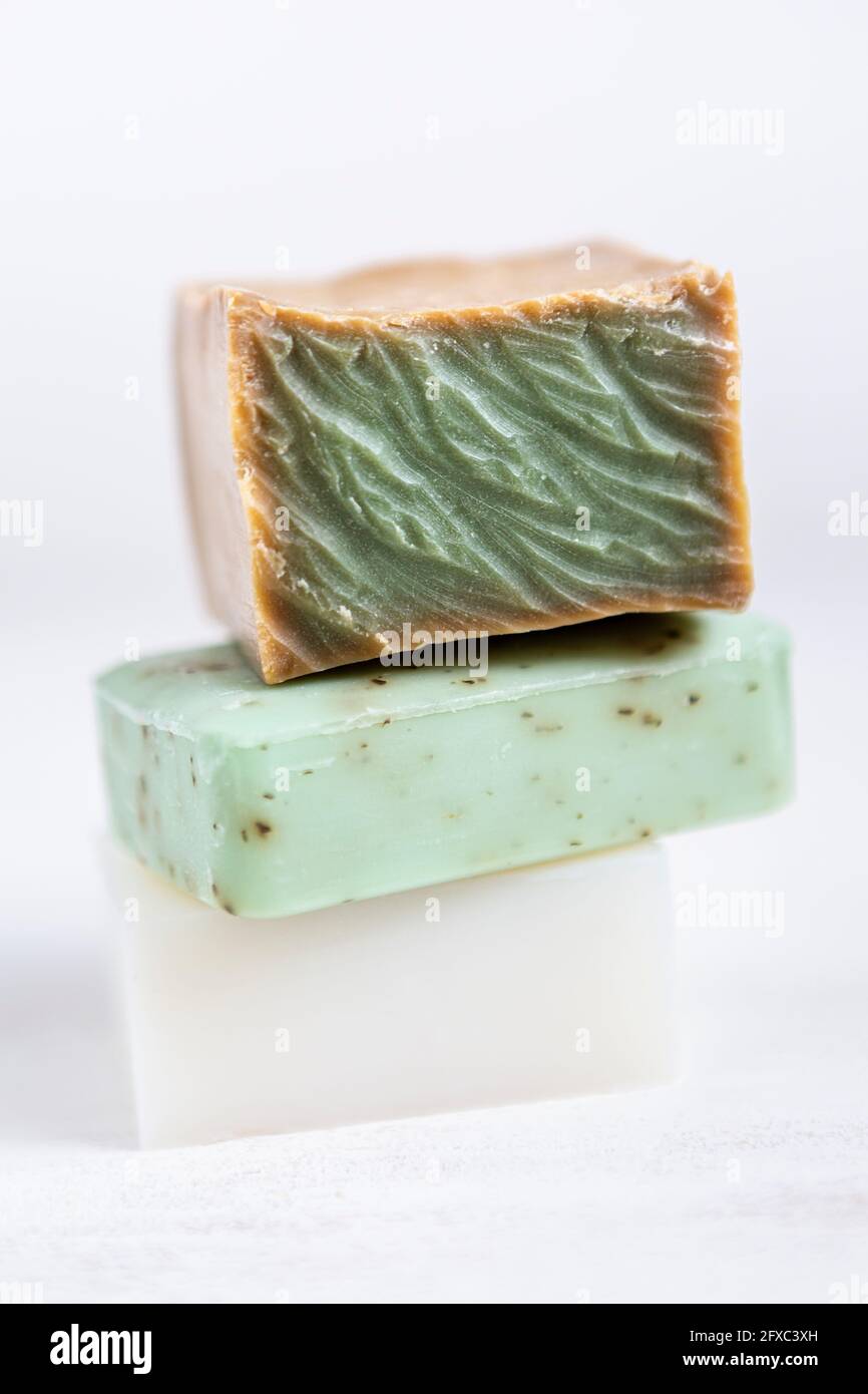 Stack of organic soap bars on white background Stock Photo - Alamy