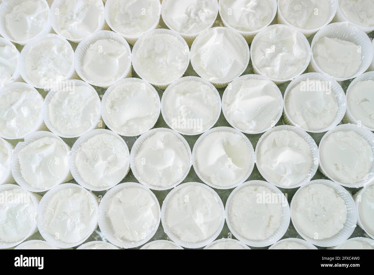 Arrangement of curd cheese containers in factory Stock Photo - Alamy