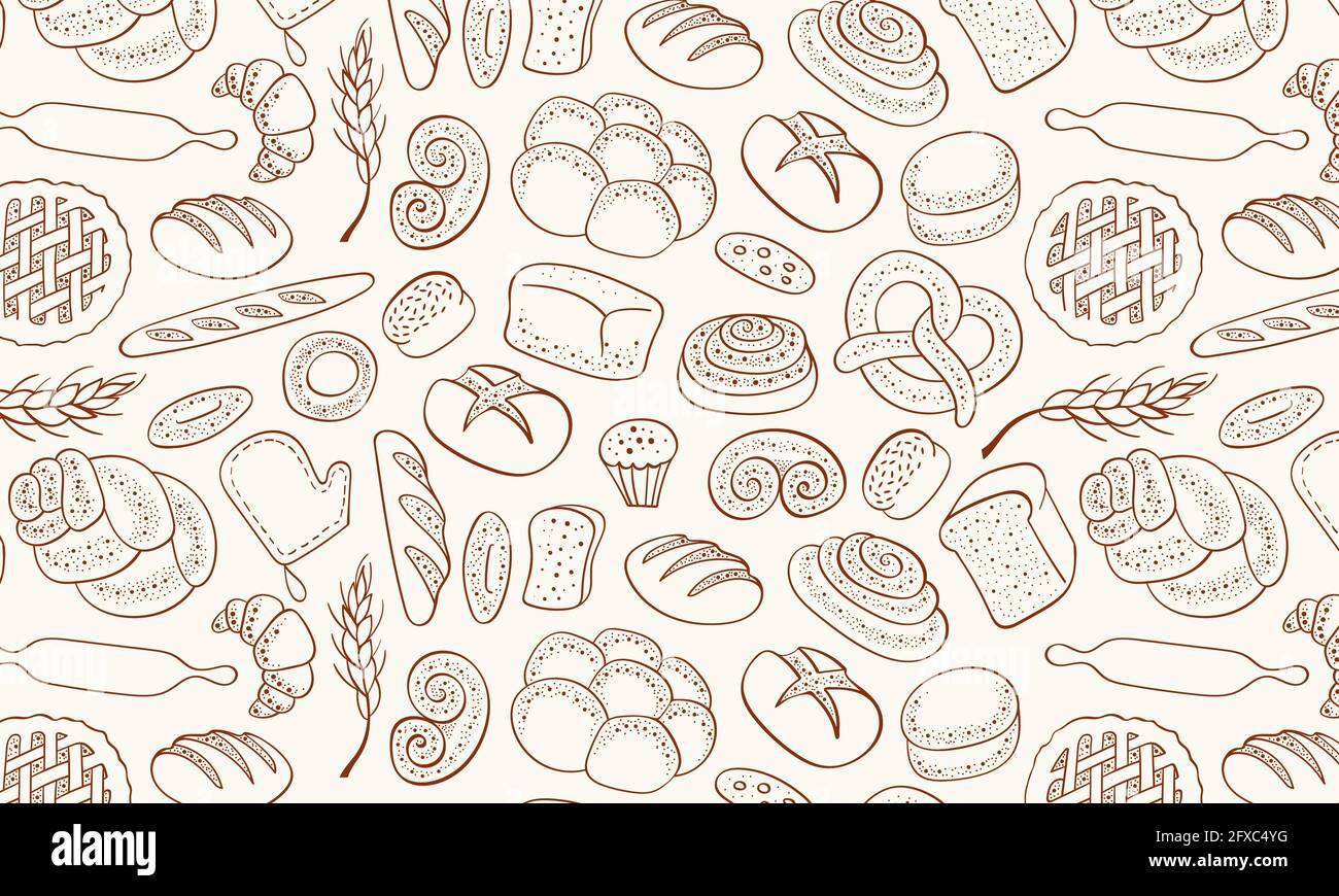 Hand drawn bakery seamless pattern. Horizontal border with food doodles ...