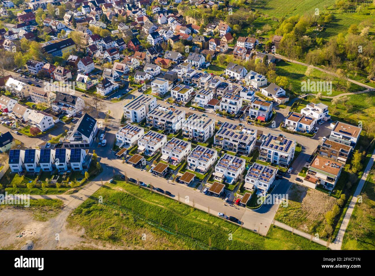 Aerial view modern suburb energy efficient single multi family houses ...
