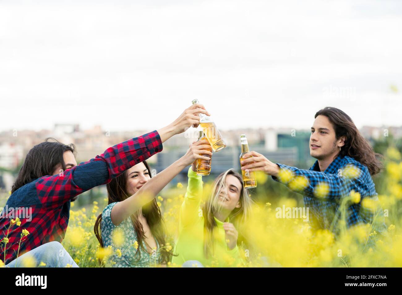 Friends toasting beer bottles while sitting on field in nature Stock ...
