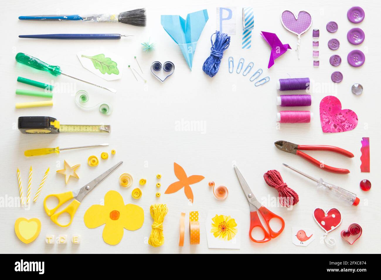 Colorful arrangement of various tools and sewing items Stock Photo - Alamy