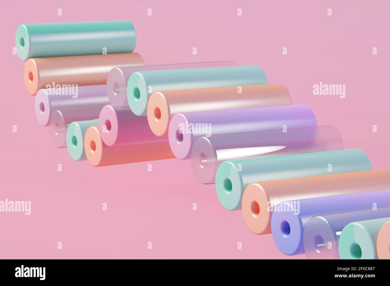 Three dimensional render of row of pastel colored cylinders floating ...
