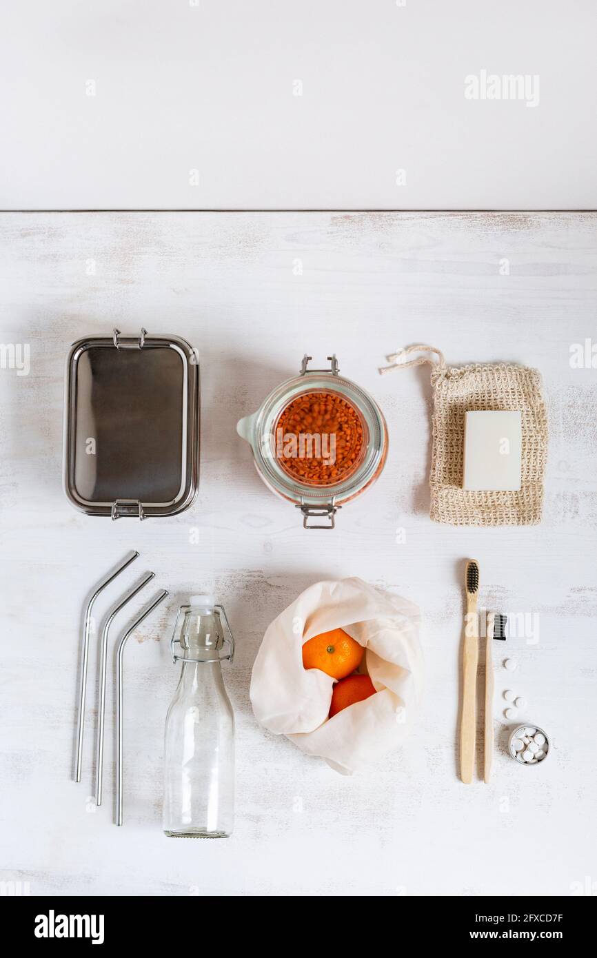 Zero waste objects on textured background Stock Photo - Alamy