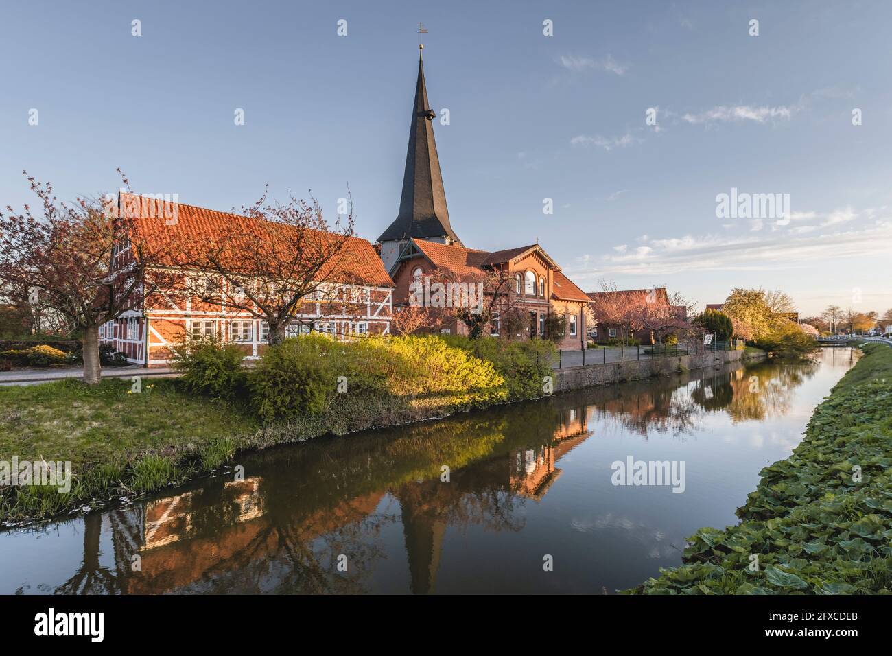 Germany, Altes Land, Jork, Half timbered buildings and Saint Nikolai ...