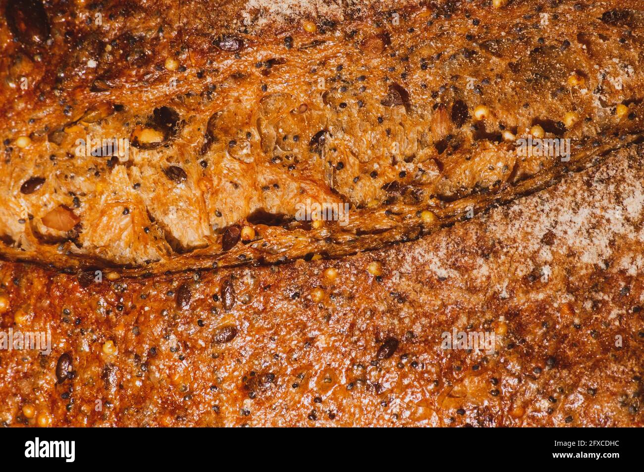 Slice of rustic natural yeast-free bread with flax, poppy seeds, sesame ...